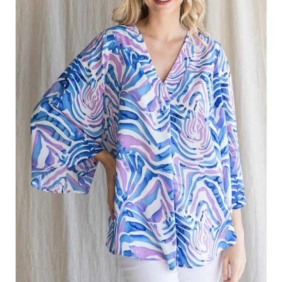 JODIFL | Tops | Nwt Jodifl Blue Swirl Print Blouse With Three Quarter ...